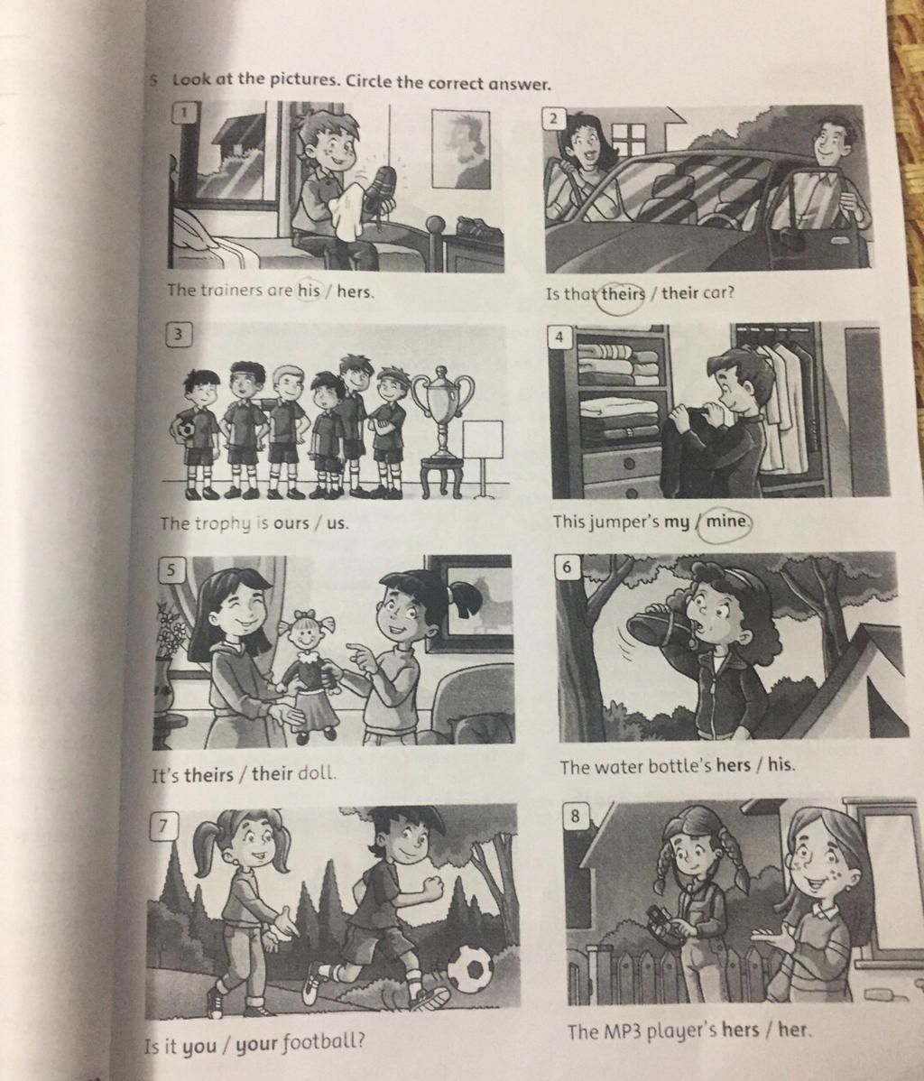 5 Look at the pictures. Circle the correct answer. The trainers are his ...