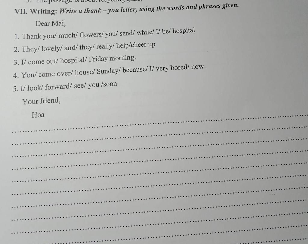 VII. Writing: Write a thank-you letter, using the words and phrases ...