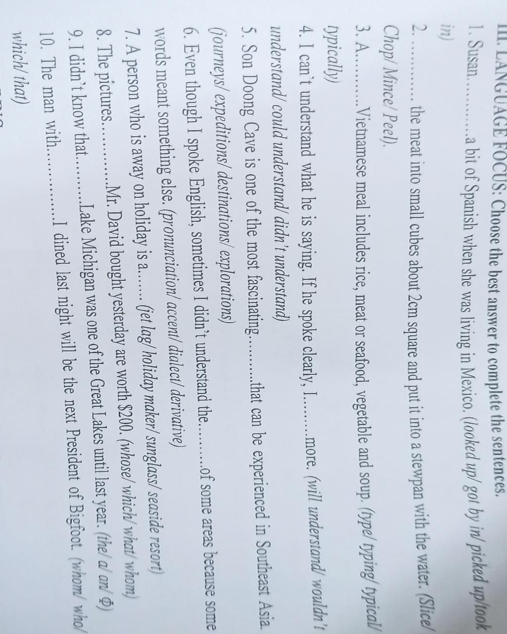 III. LANGUAGE FOCUS: Choose the best answer to complete the sentences ...