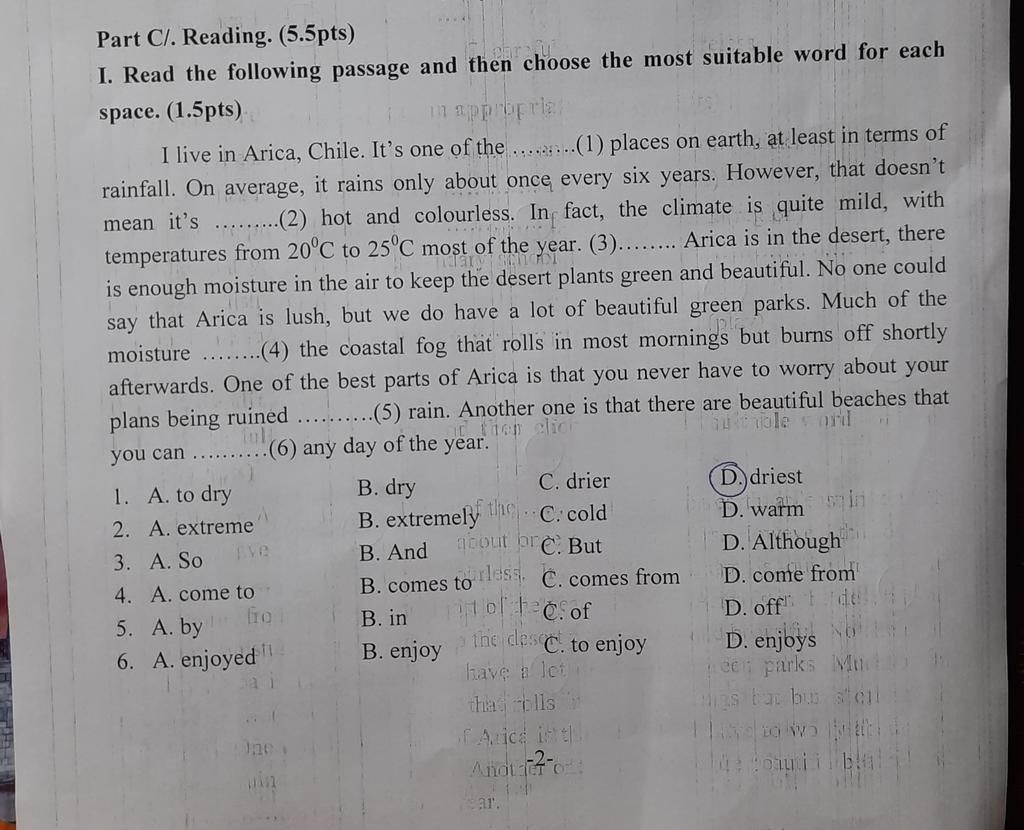Part C/. Reading. (5.5pts) breui I. Read the following passage and then ...
