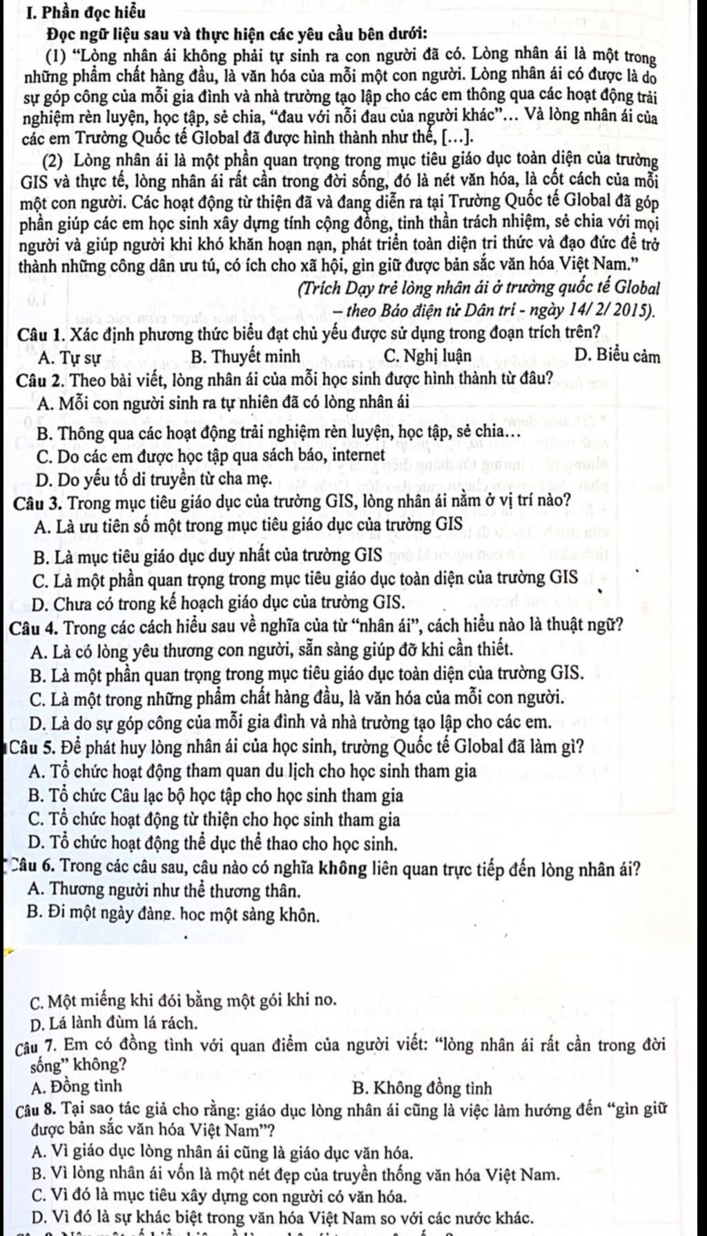 Chỉ cần ghi đáp án a; b;c hoặc d thôi nhưng phải đúng nha câu hỏi ...