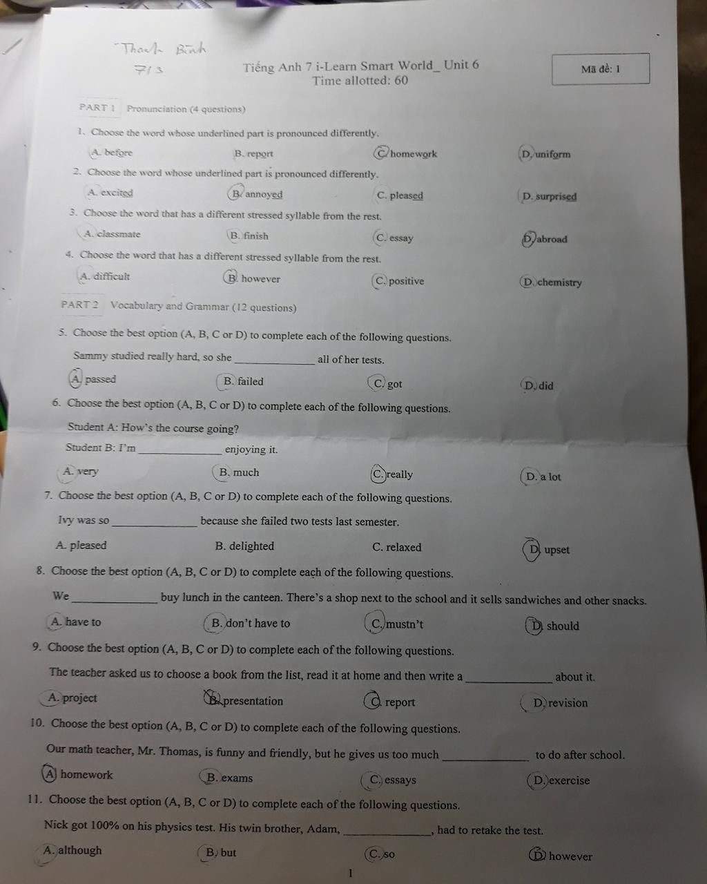 Thanh Bình Tiếng Anh 7 i-Learn Smart World _ Unit 6 Time allotted: 60 ...