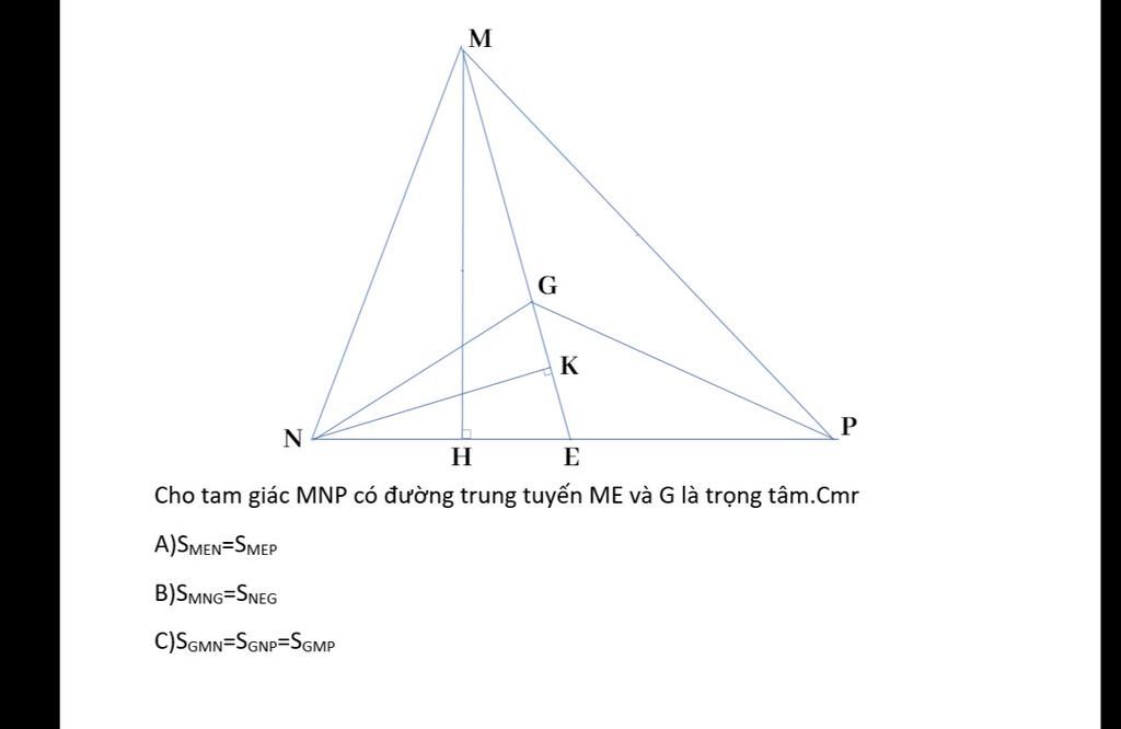 N M G K P H E Cho tam giác MNP có đường trung tuyến ME và G là trọng tâm.Cmr A)SMEN=SMEP B)SMNG ...
