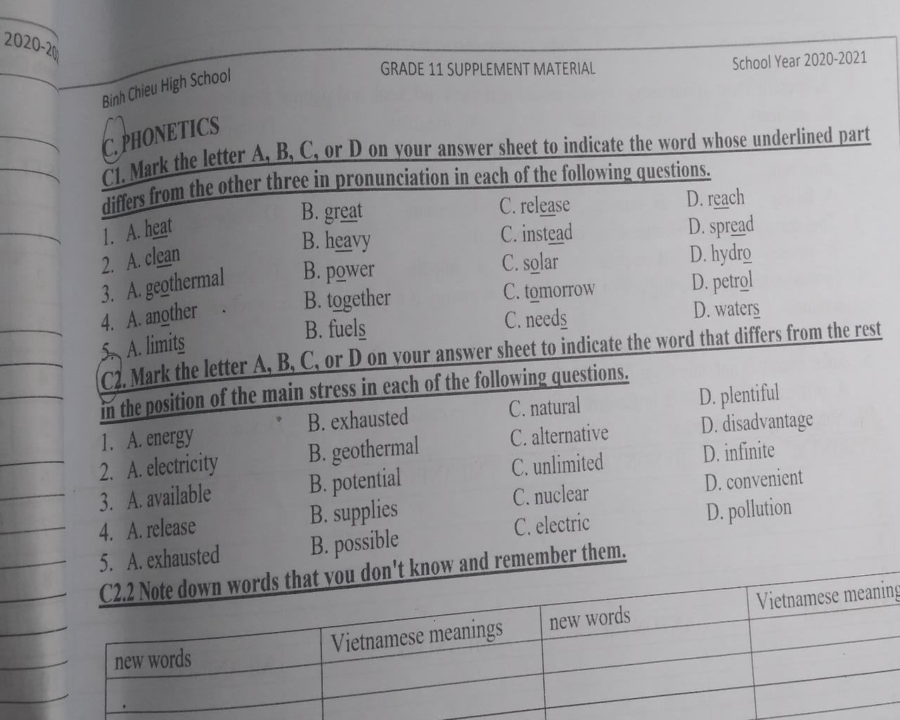 Binh Chieu High School C.PHONETICS C1. Mark the letter A, B, C, or D on ...