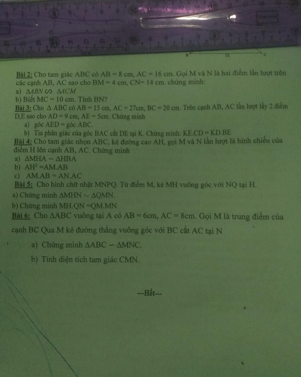 Bài 2: Cho tam giác ABC có AB = 8 cm, AC = 16 cm. Gọi M và N là hai ...