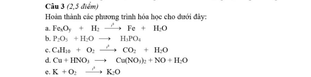 Câu 3 (2,5 điểm) Hoàn thành các phương trình hóa học cho dưới đây: Fe + H₂O a. FexOy + H₂ b ...
