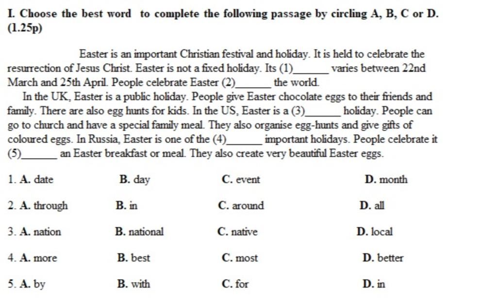 I. Choose the best word to complete the following passage by circling A ...