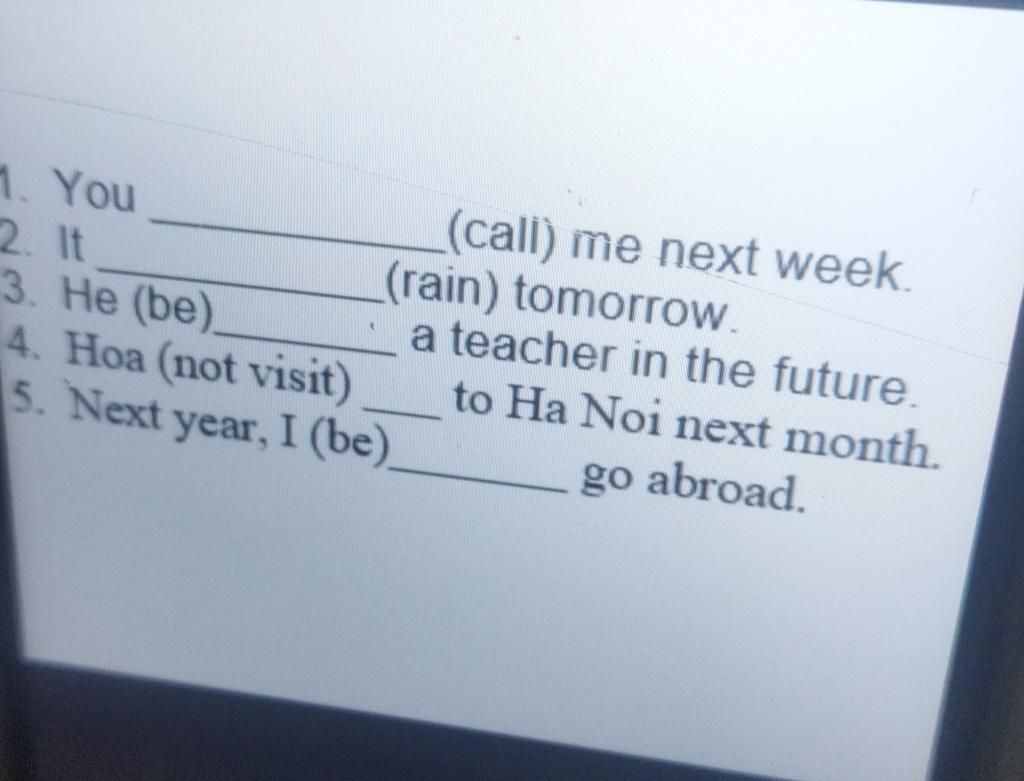 1. You 2. It 3. He (be). 4. Hoa (not visit) 5. Next year, I (be ...