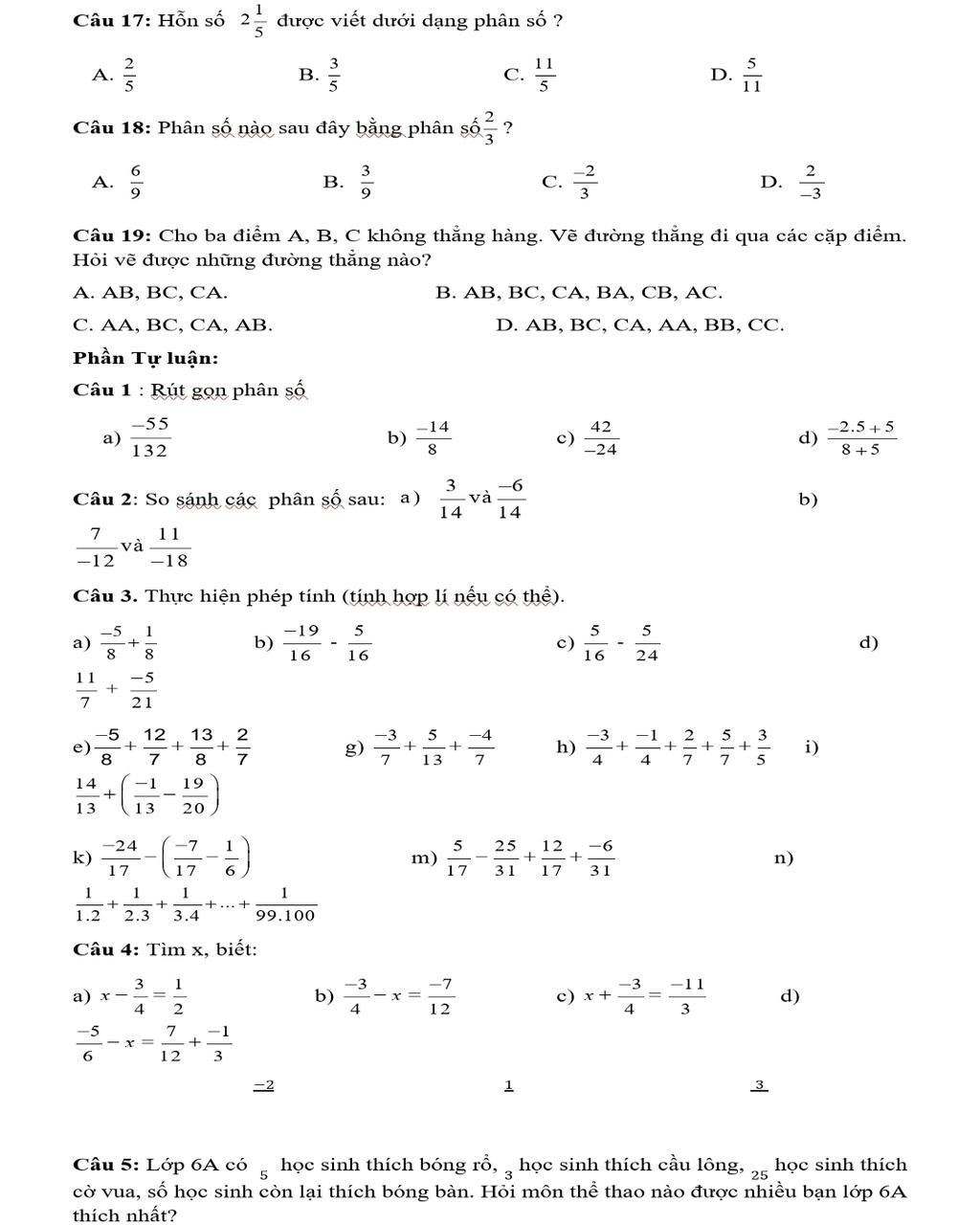 Câu 17: Hỗn số 2 được viết dưới dạng phân số ? 름 3²/33 5 Câu 18: Phân ...