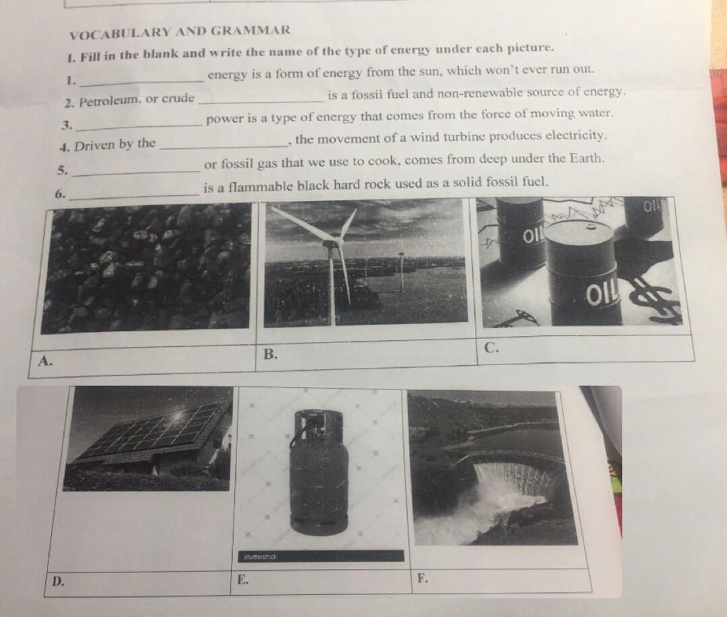 VOCABULARY AND GRAMMAR 1. Fill in the blank and write the name of the ...