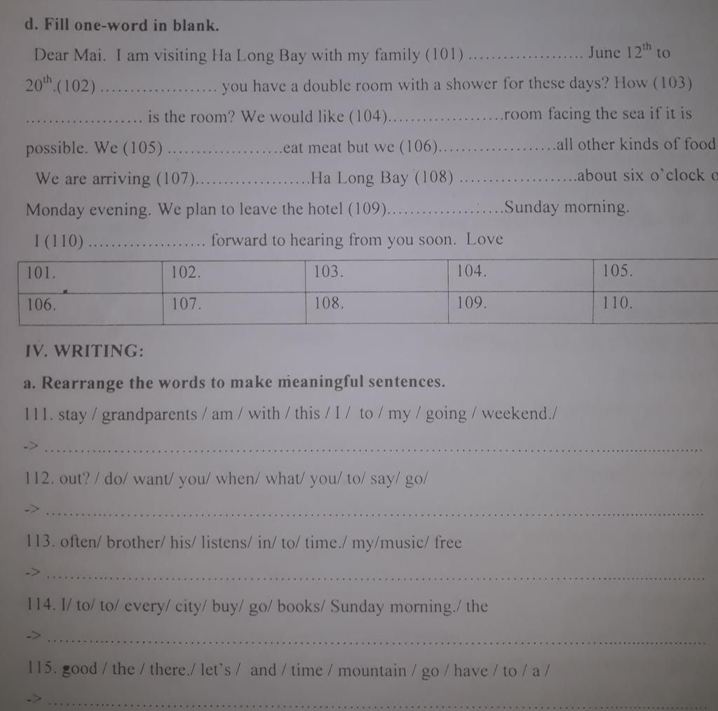 d. Fill one-word in blank. Dear Mai. I am visiting Ha Long Bay with my ...