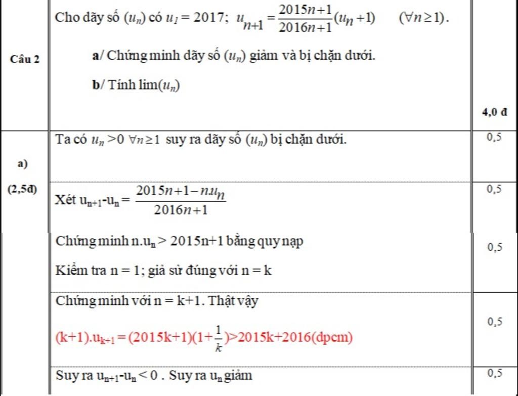 Câu 2 a) (2,5d) un+1 Cho dãy số (u,) có uy=2017; u, 2015n+1 2016n+1 (un ...