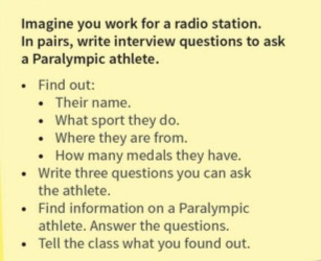 Imagine you work for a radio station. In pairs, write interview ...