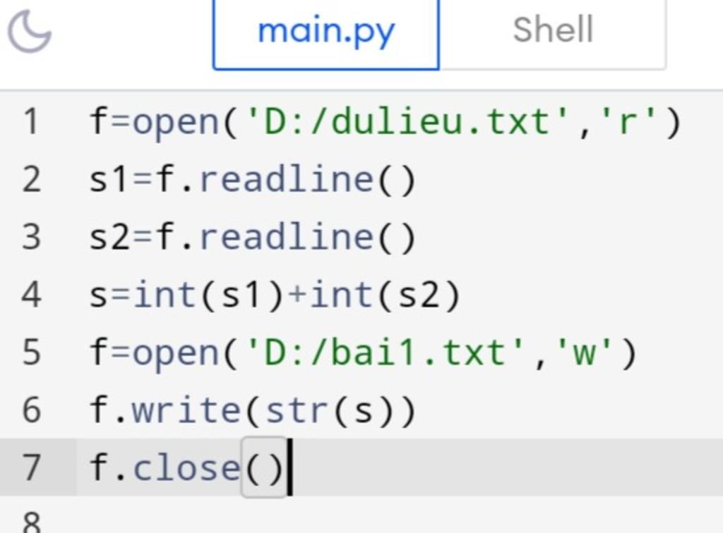 C 1 f=open('D: /dulieu.txt', 'r') 2 sl=f.readline() 3 s2=f.readline() 4 s=int(s1)+int(s2) 5 f ...