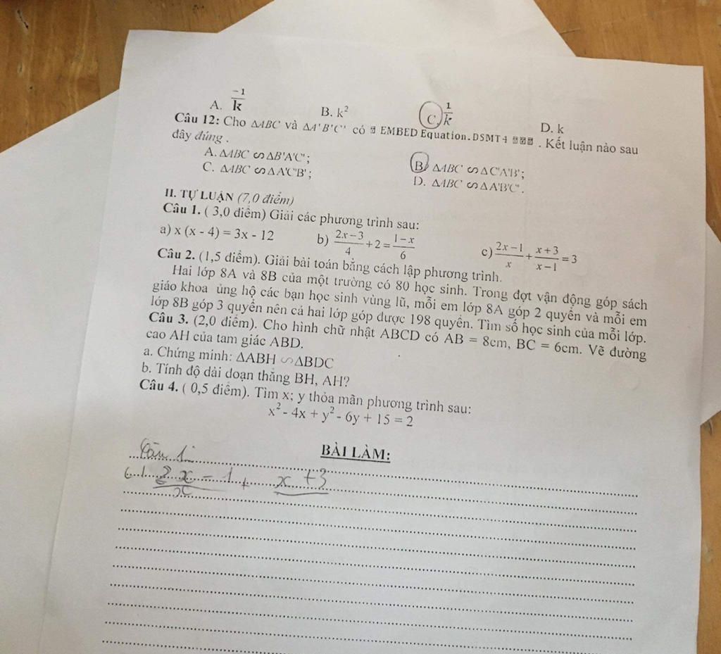 -1 A. K B. k² D. k Câu 12: Cho ABC và A'B'C" có 9 EMBED Equation.DSMT4 ...