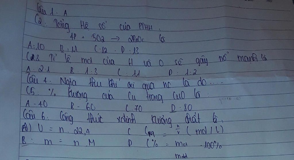 Co 1: A (2. Tong He so 4P m 4 A:10 вм C3 Ti le mol A. 2.1 R 1:3 1:2 Cau ...