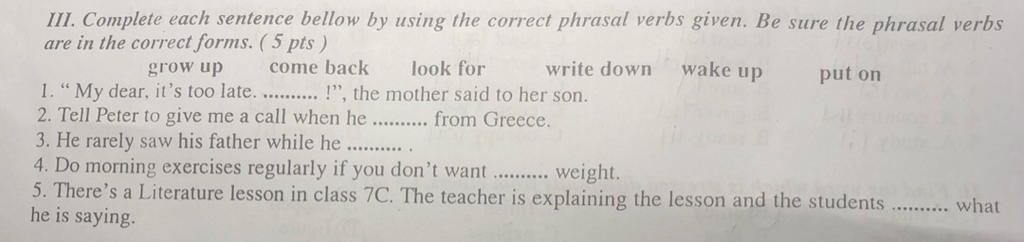 III. Complete each sentence bellow by using the correct phrasal verbs ...