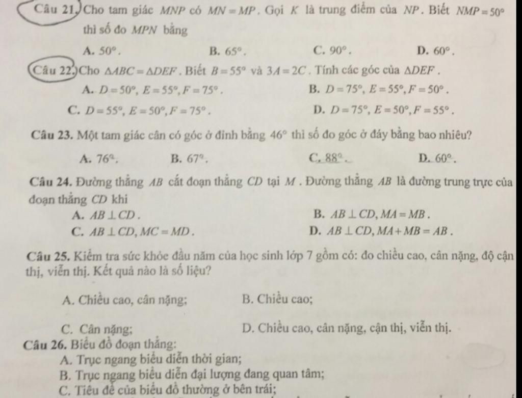 Câu 21,)Cho tam giác MNP có MN = MP. Gọi K là trung điểm của NP. Biết NMP 500 thì số đo MPN bằng ...