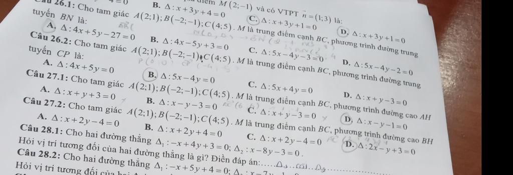 Câu 25.2: PTTQ của đường thẳng đi qua điểm M (2;−1) và có VTPT n =(1;3 ...