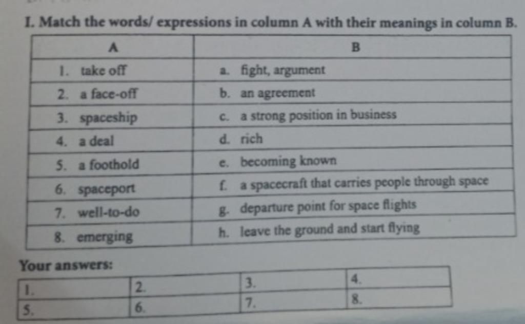 I. Match the words/ expressions in column A with their meanings in column B. B A 1. take off 2 ...