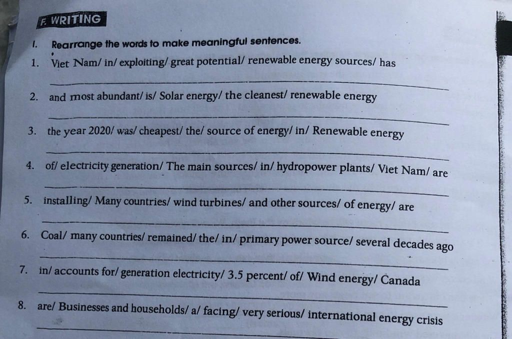 F. WRITING 1. Rearrange the words to make meaningful sentences. 1. Viet ...