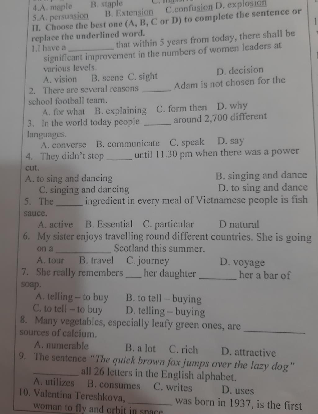 4.A. maple 5.A. persuasion C.confusion D. explosion II. Choose the best ...