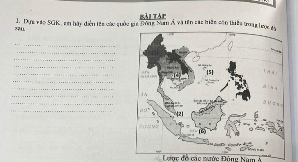Điền tên các quốc gia ĐNA và tên các biển còn thiếu 1. Dựa vào SGK, em ...