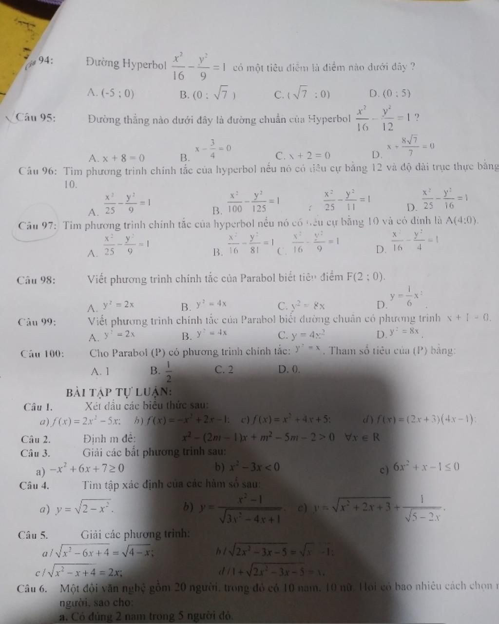 94: Câu 95: Câu 98: Câu 99: Câu 100: Đường Hyperbol A. (-5; 0) B. (0 ...
