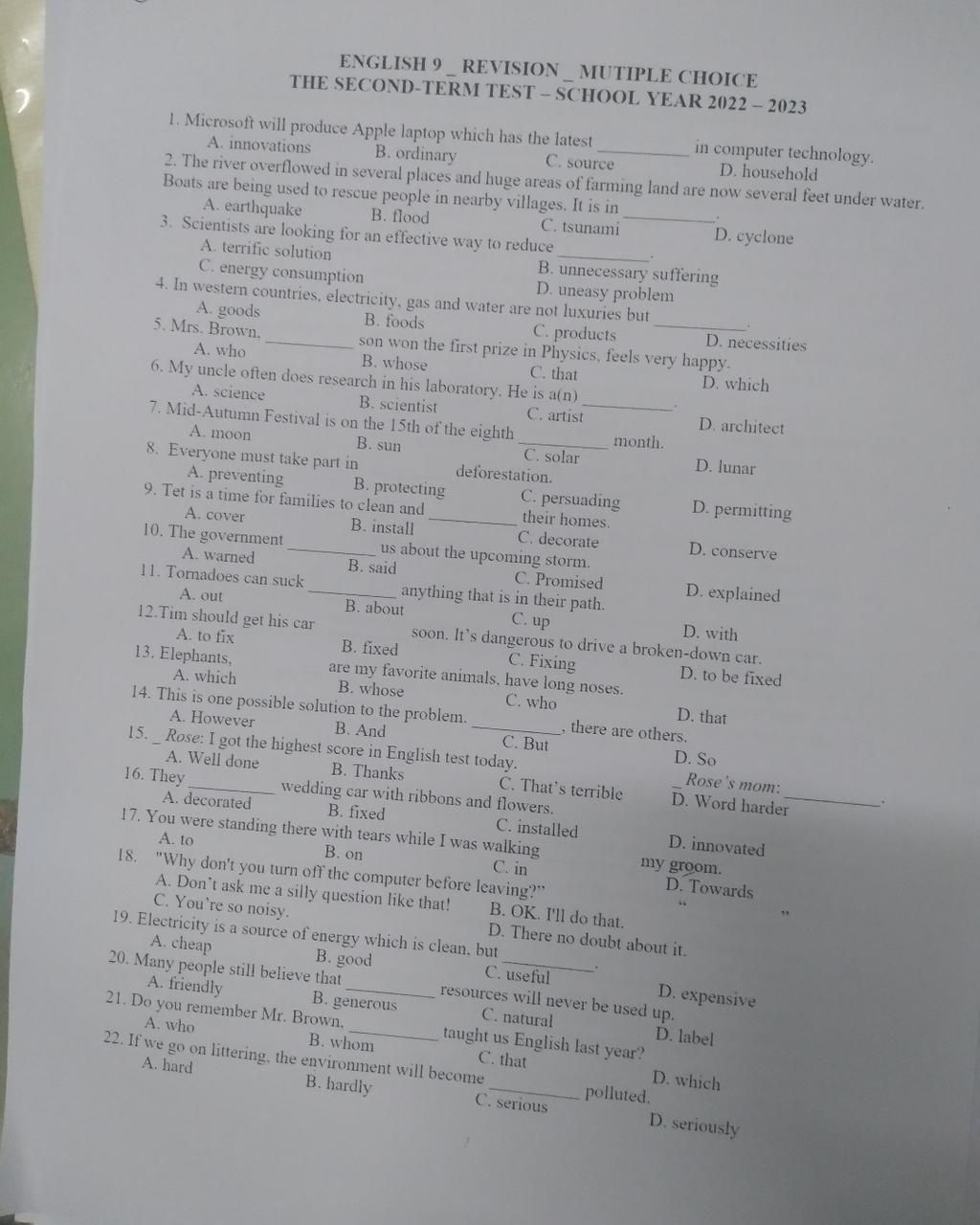 ENGLISH 9 REVISION_MUTIPLE CHOICE THE SECOND-TERM TEST - SCHOOL YEAR ...