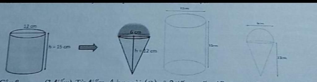 Một hộp kem hình trụ có đường kính 12 cm và chiều cao 15 cm đựng đầy kem. Kem sẽ được chia vào ...