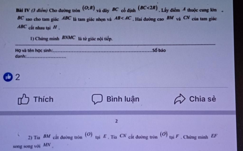 Bài IV (3 điểm) Cho đường tròn (O.R) và dây BC cố định (BC