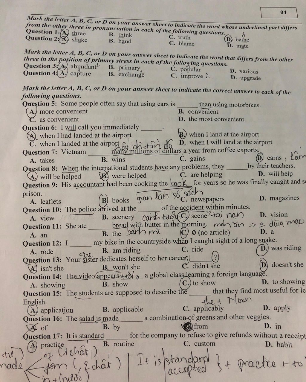 Mark the letter A, B, C, or D on your answer sheet to indicate the word whose underlined part ...