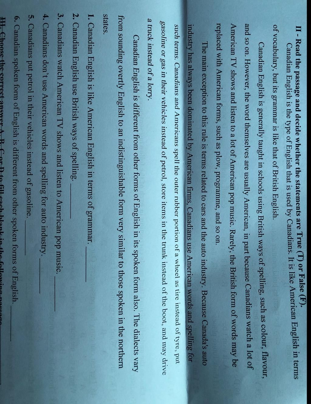 II - Read the passage and decide whether the statements are True (T) or ...
