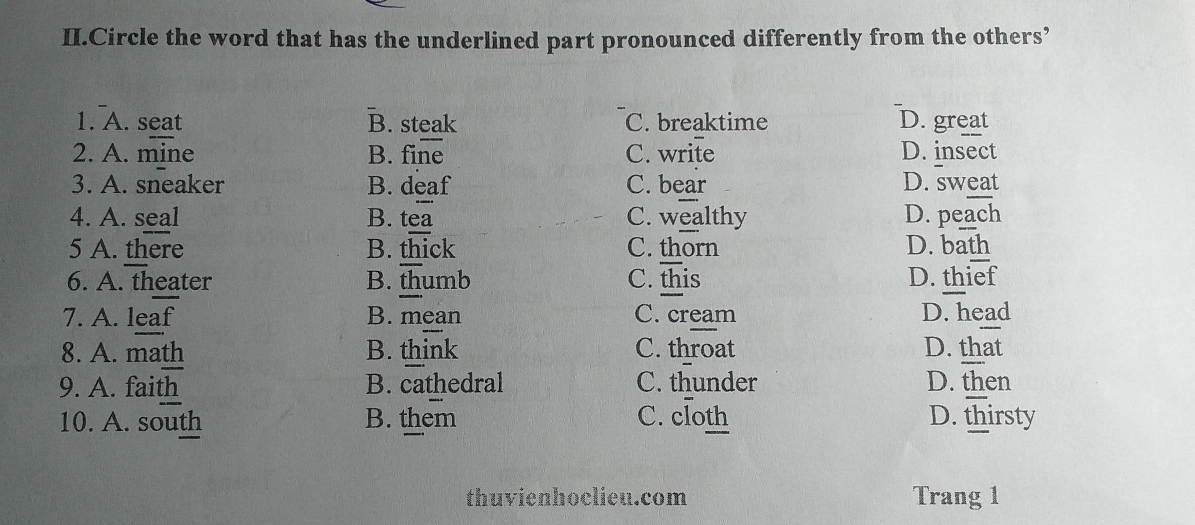 II. Circle the word that has the understand part pronounced differently ...