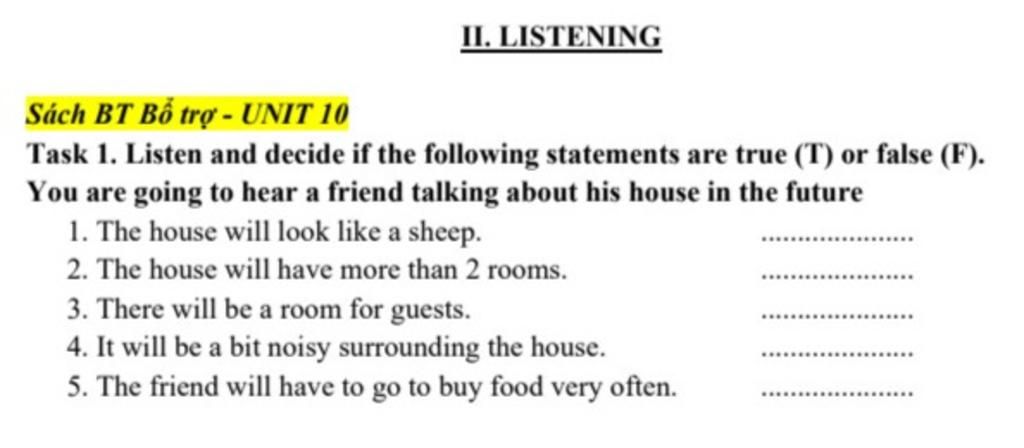 II. LISTENING Sách BT Bổ trợ - UNIT 10 Task 1. Listen and decide if the ...