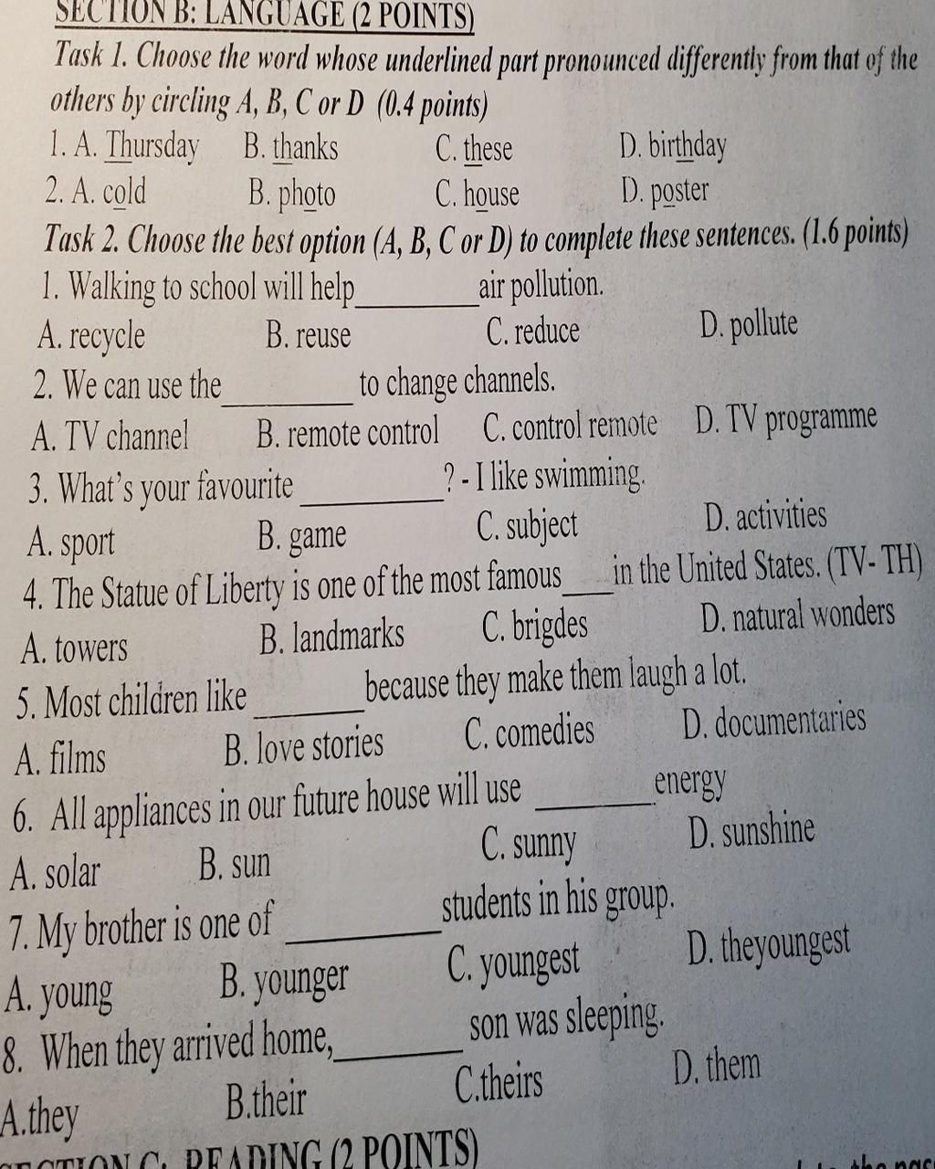 SECTION B: LANGUAGE (2 POINTS) Task 1. Choose the word whose underlined part pronounced ...