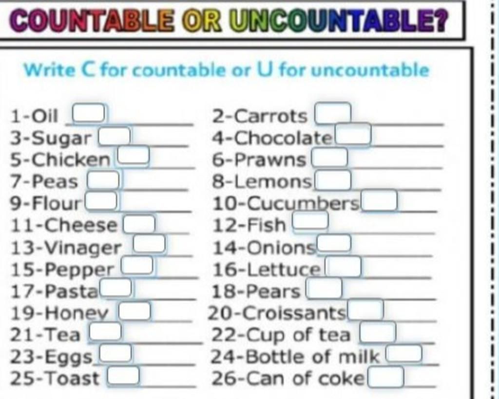 COUNTABLE OR UNCOUNTABLE? Write C for countable or U for uncountable 1 ...
