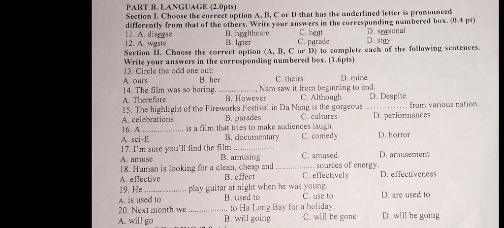 PART B. LANGUAGE (2.0pts) Section I. Choose the correct option A, B, C ...