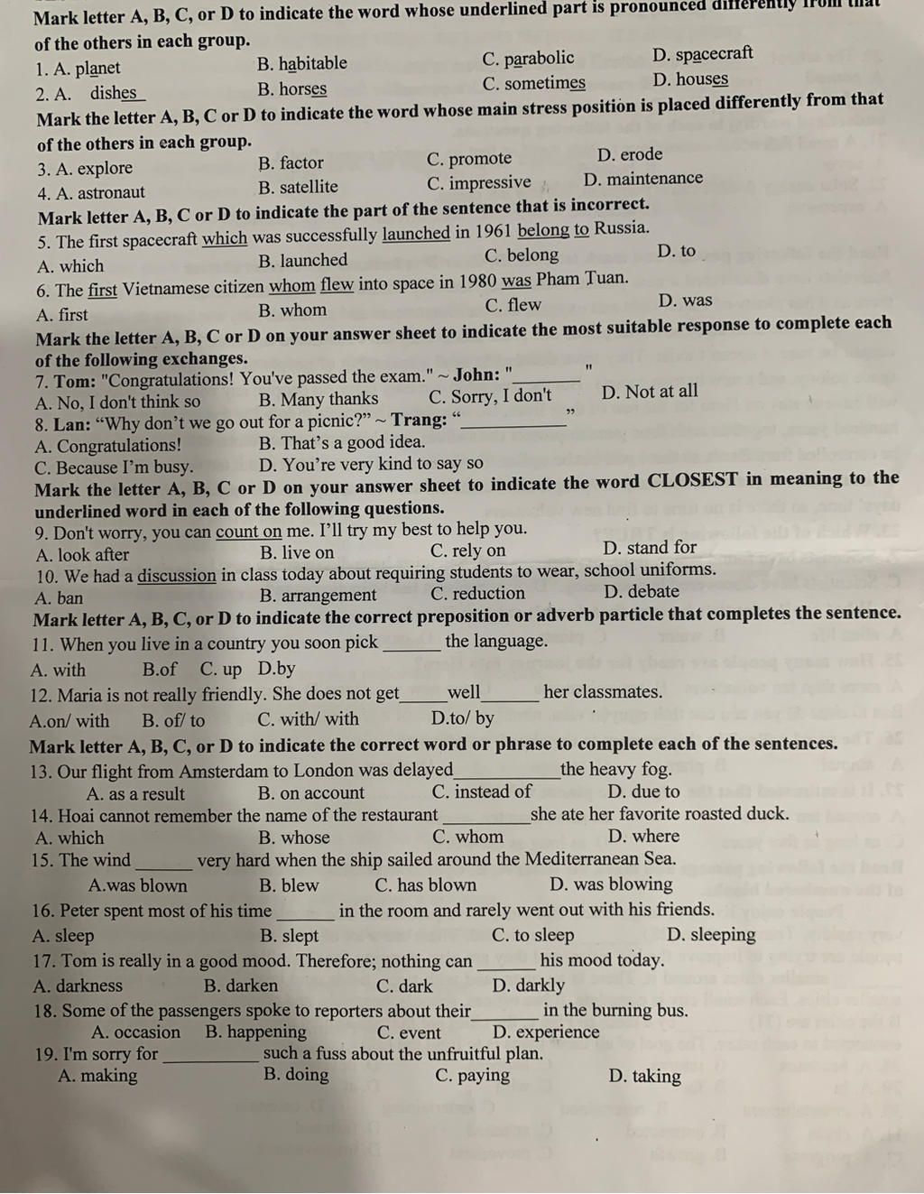 Mark letter A, B, C, or D to indicate the word whose underlined part is pronounced differently ...