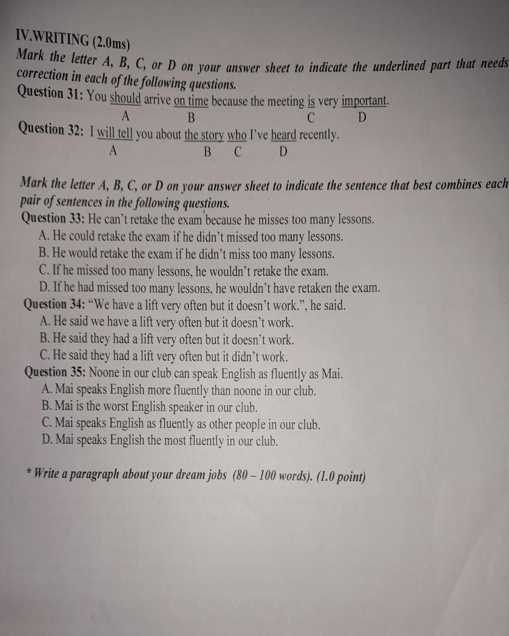 IV.WRITING (2.0ms) Mark the letter A, B, C, or D on your answer sheet to indicate the underlined ...