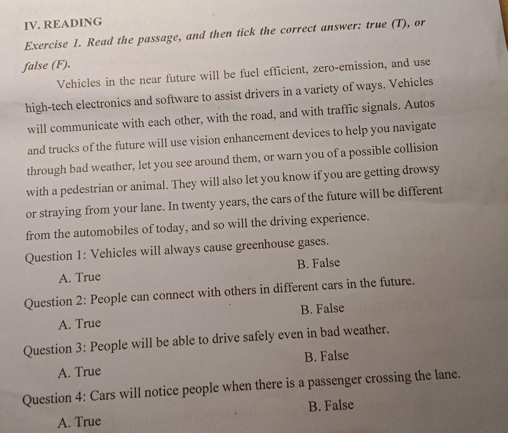 IV. READING Exercise 1. Read the passage, and then tick the correct ...