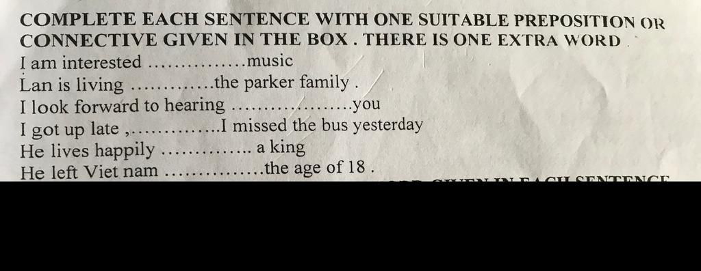 COMPLETE EACH SENTENCE WITH ONE SUITABLE PREPOSITION OR GIVEN IN THE ...