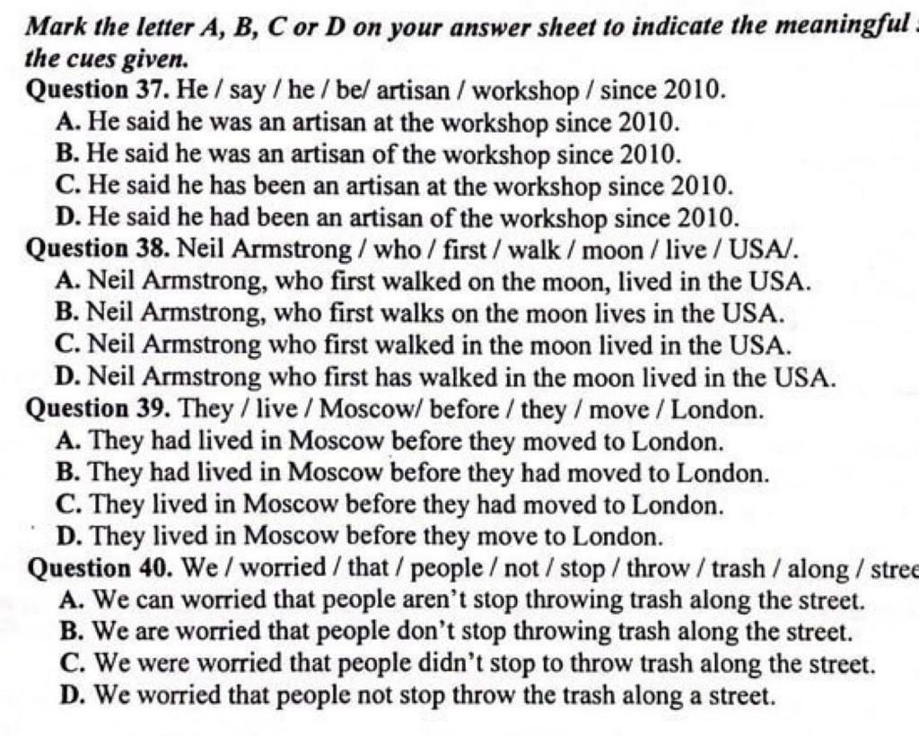 Mark the letter A, B, C or D on your answer sheet to indicate the ...