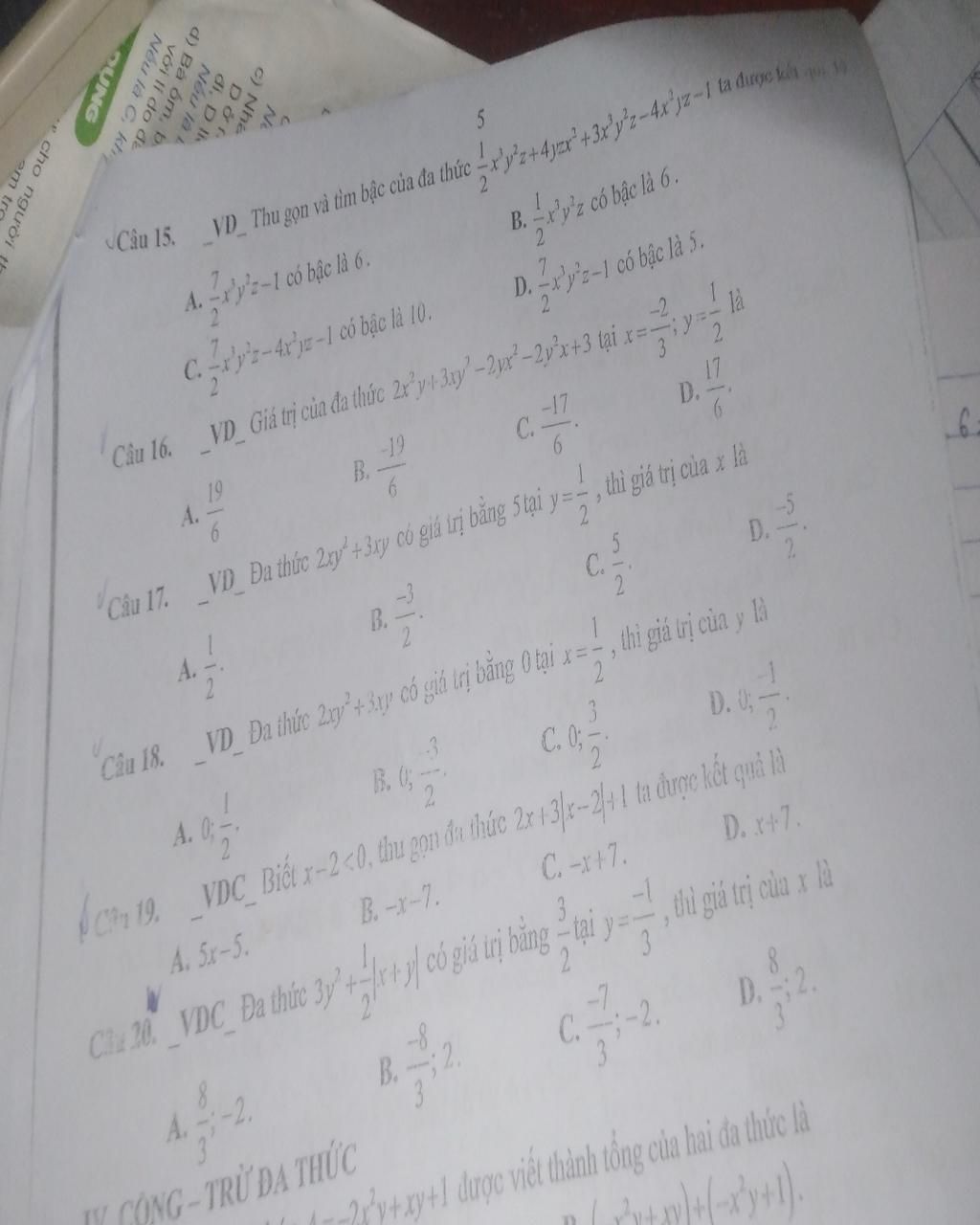 em cho người OUNG Nếu là C, kh với lí do d d) Bá ốm, \ b Neu la L di, DI “Câu 15, 5 _VD_ Thu gọn ...
