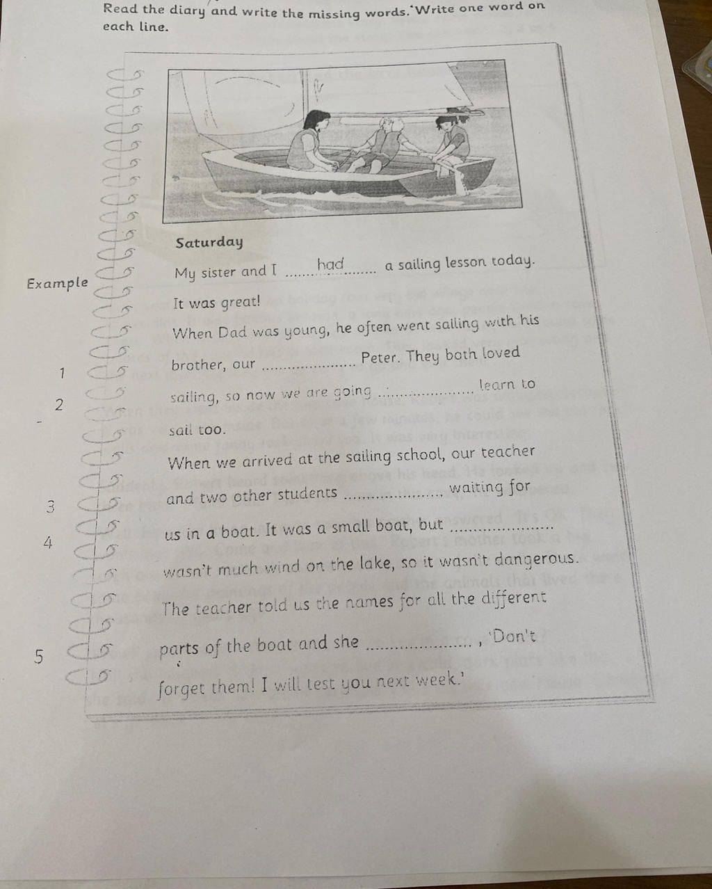 Example 5 3 4 1 2 Read the diary and write the missing words. Write one word on each line ...