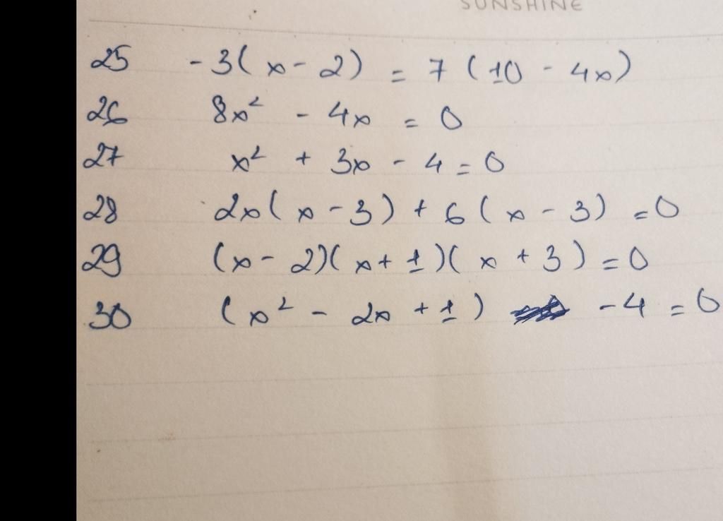 26 27 28 29 .30 HINE - -3(x-2) 8x² 4x = 0 x² + 3x - 4 = 6 2x(x − 3) + 6 ...