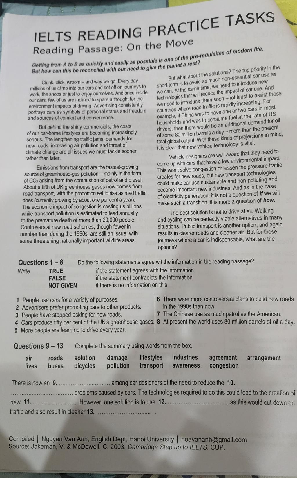 IELTS READING Reading Passage: On the Move Getting from A to B as ...