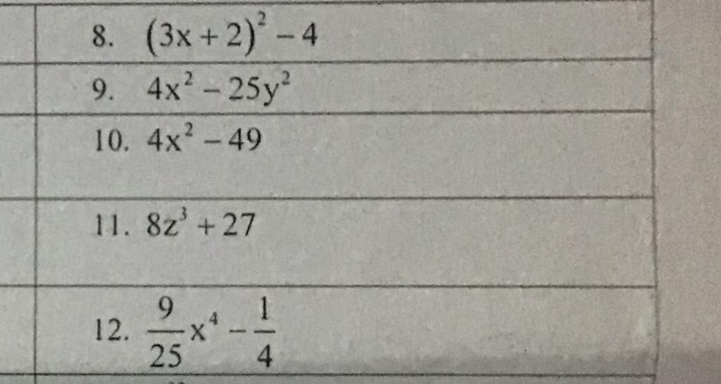8. (3x + 2)² - 4 9. 4x² -25y² 10. 4x²-49 11. 8z³+27 9 12. X 25 1 4