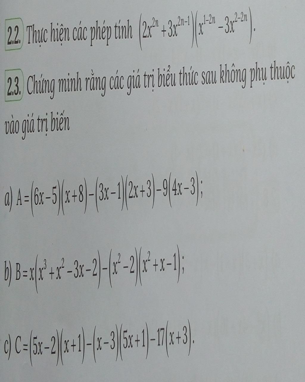 22. Thực hiện các phép tính (2r*"-3r-ran + 3x²=-2n 23. Chứng minh rằng ...