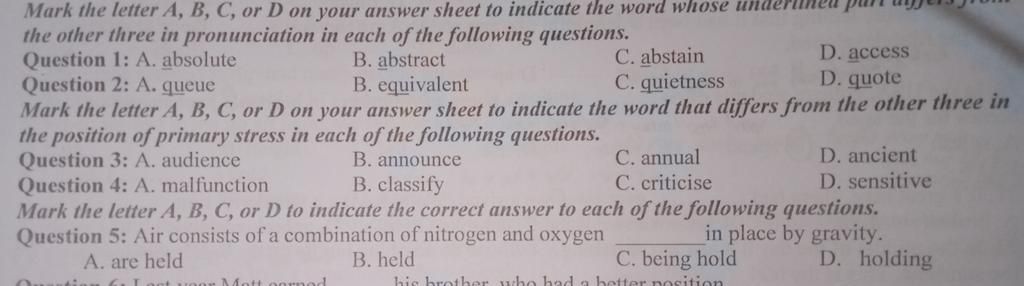 Mark the letter A, B, C, or D on your answer sheet to indicate the word ...